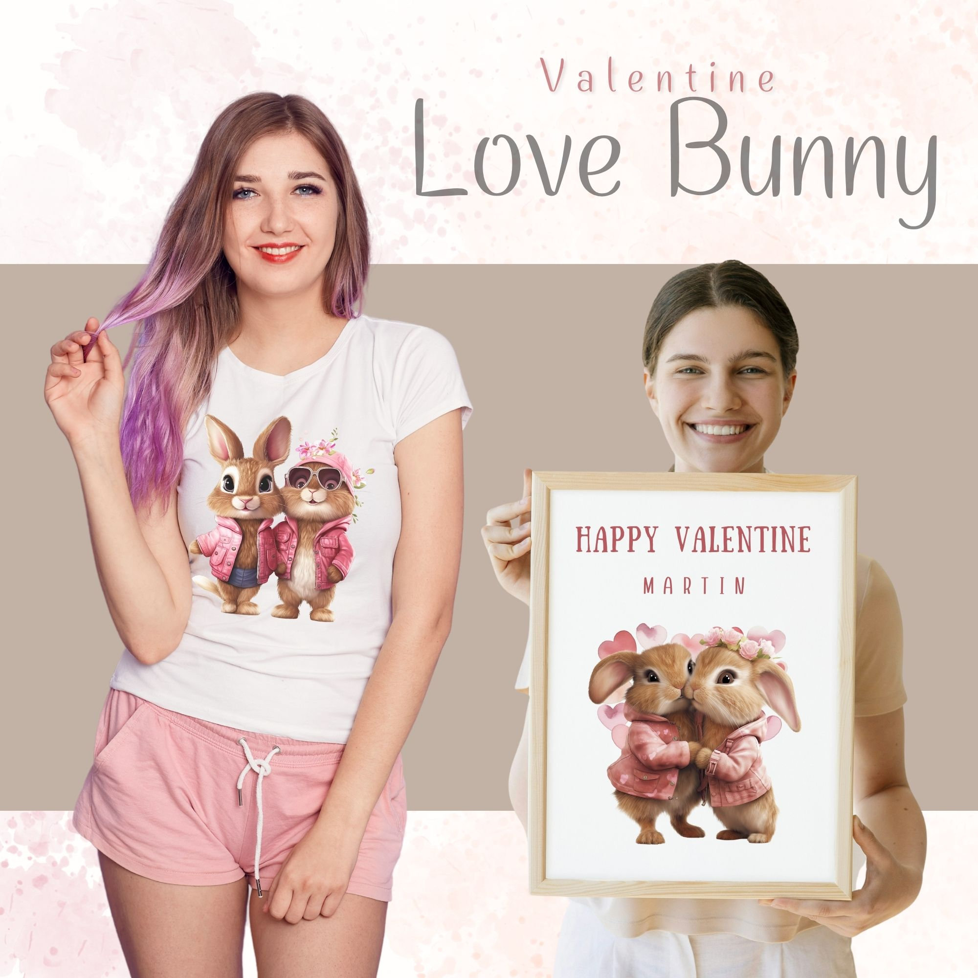 Love Bunny Valentine Watercolor Clipart, 50 PNG High Quality, Valentine ...