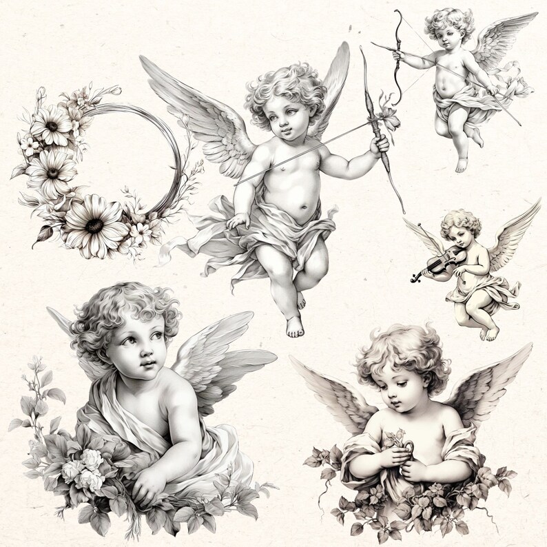 Cherub Cupid Clipart: 25 Fine Line Art Angel Illustrations (instant ...