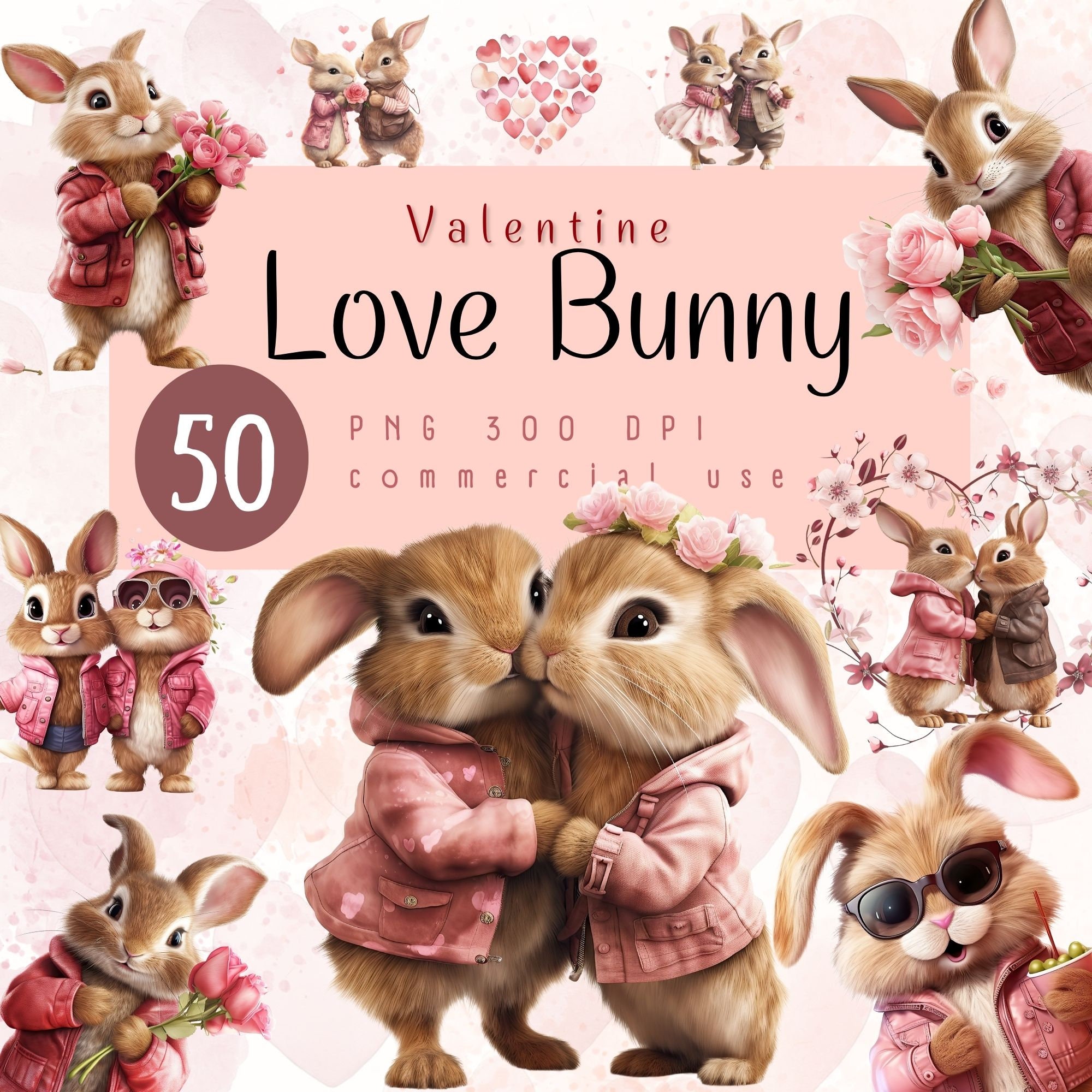 Love Bunny Valentine Watercolor Clipart, 50 PNG High Quality, Valentine ...