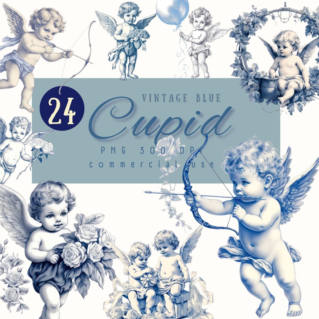 Cute Hand Drawn Blue Cherubs Cupids Clipart, Line Art Angel ...