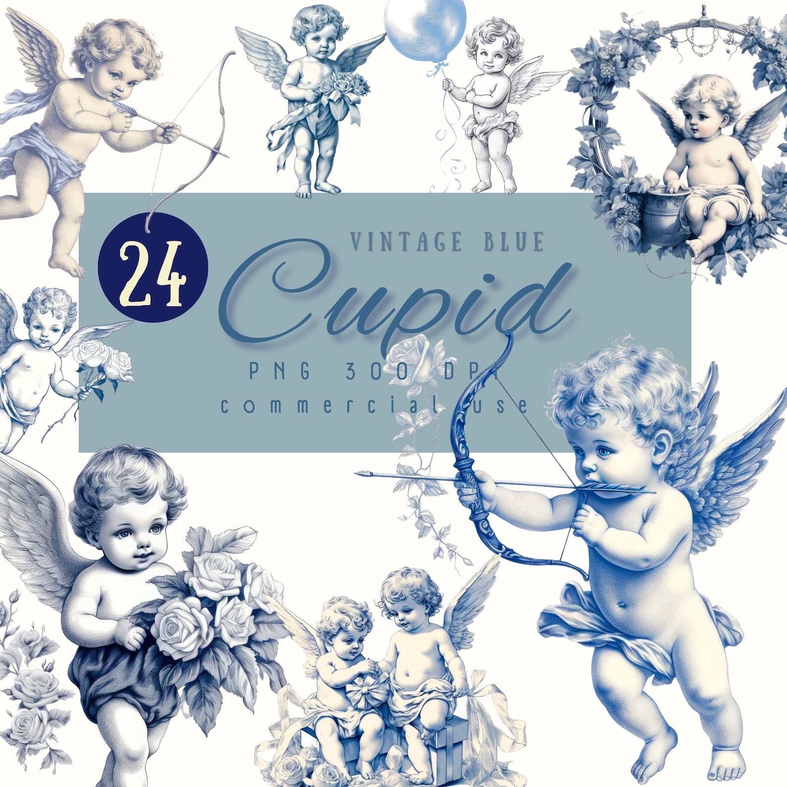 Cute Hand Drawn Blue Cherubs Cupids Clipart, Line Art Angel ...