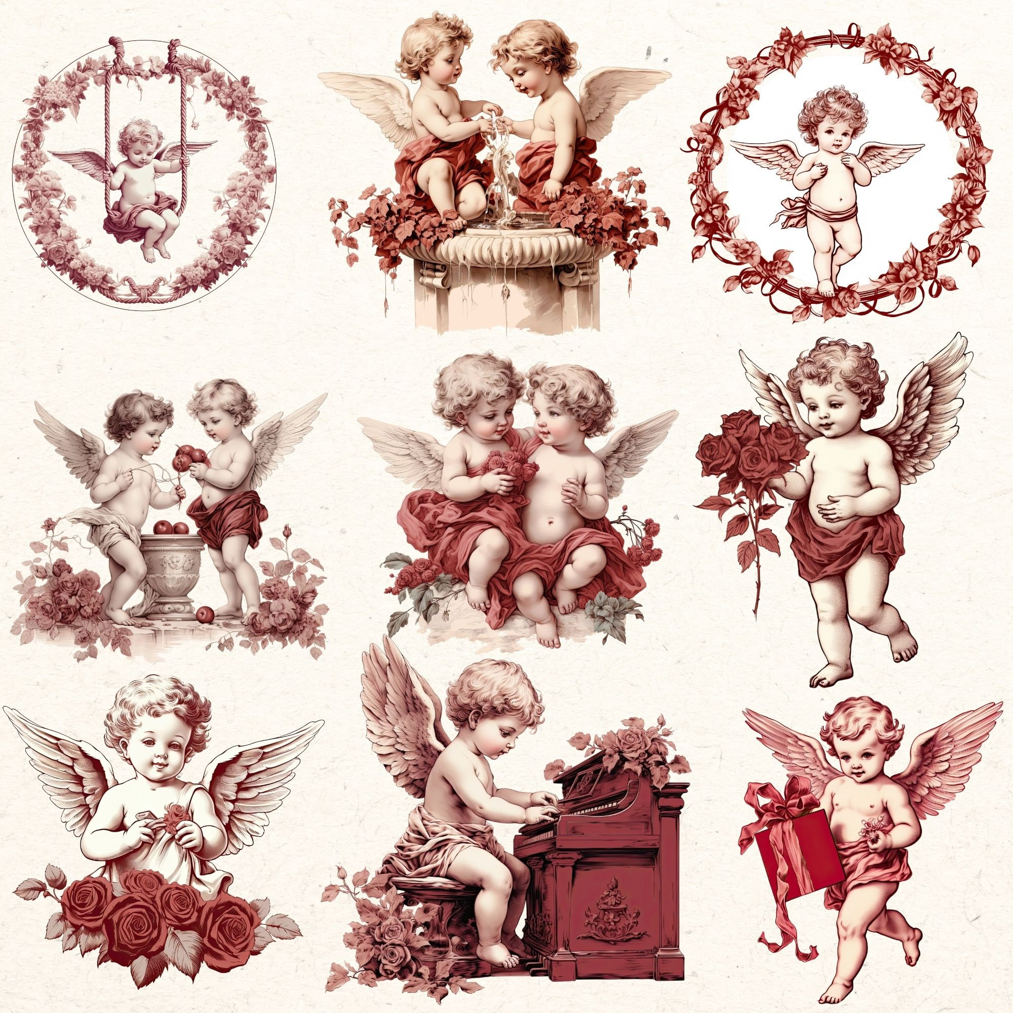 Cute Hand Drawn Red Cherubs Cupids Clipart, Line Art Angel ...
