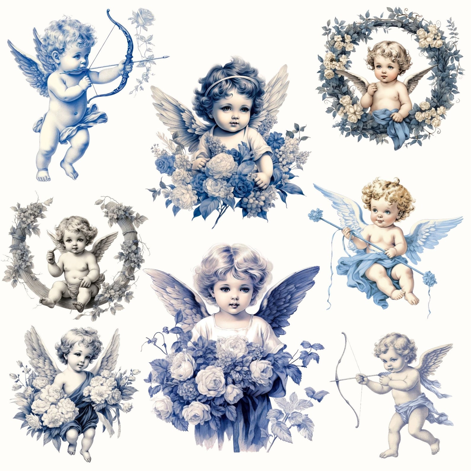 Cute Hand Drawn Blue Cherubs Cupids Clipart, Line Art Angel ...