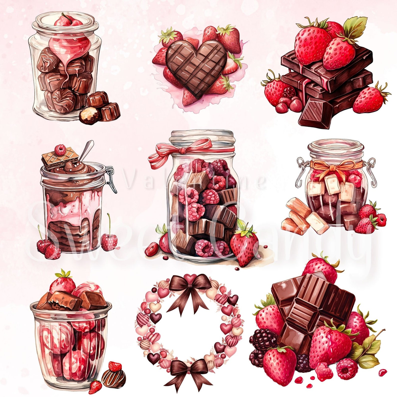 Watercolor Sweet Valentine Day Clipart, 44 PNG Valentine Clipart, Candy ...
