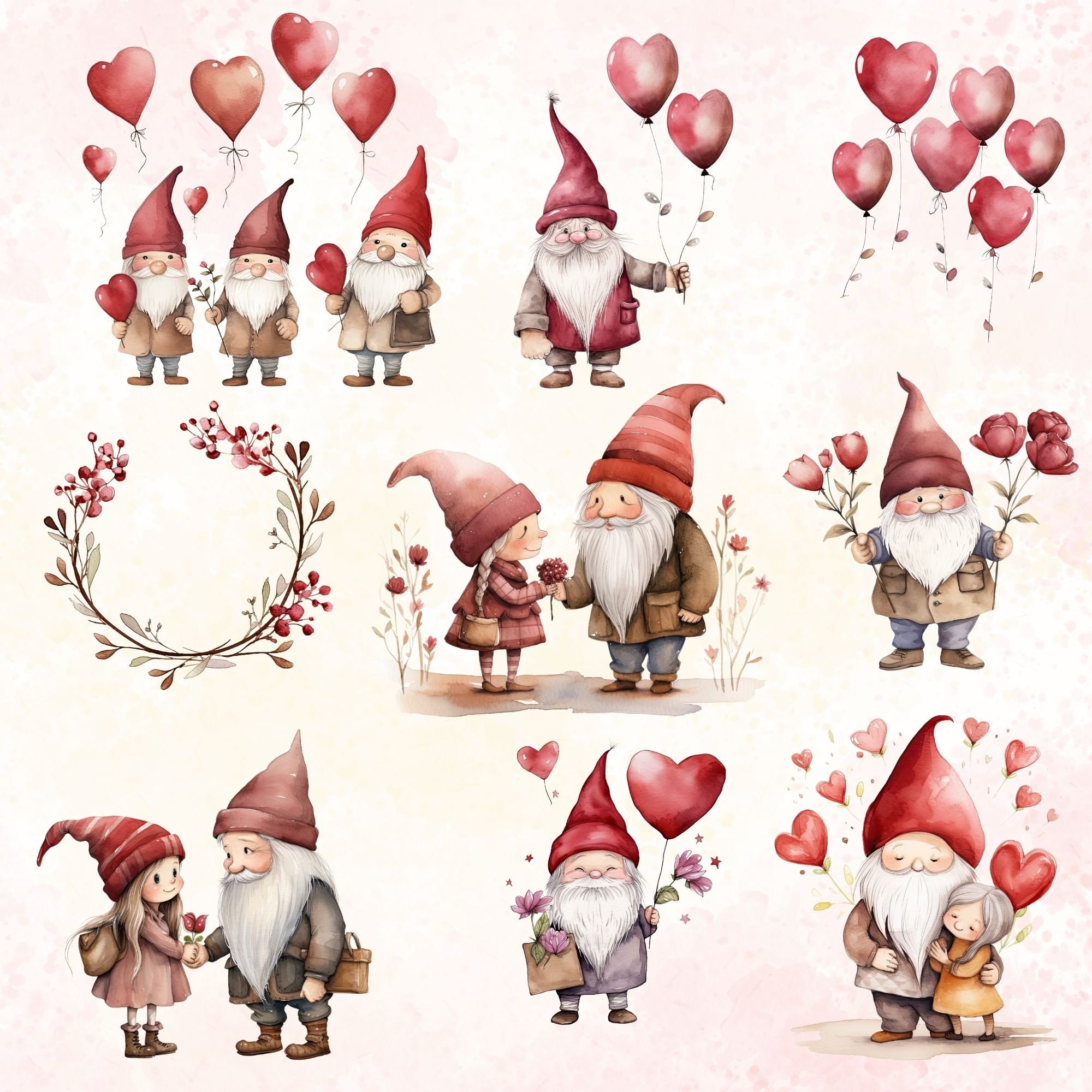 Watercolor Valentine Gnomes Clipart, 40 PNG Gnome Clipart, Valentine ...