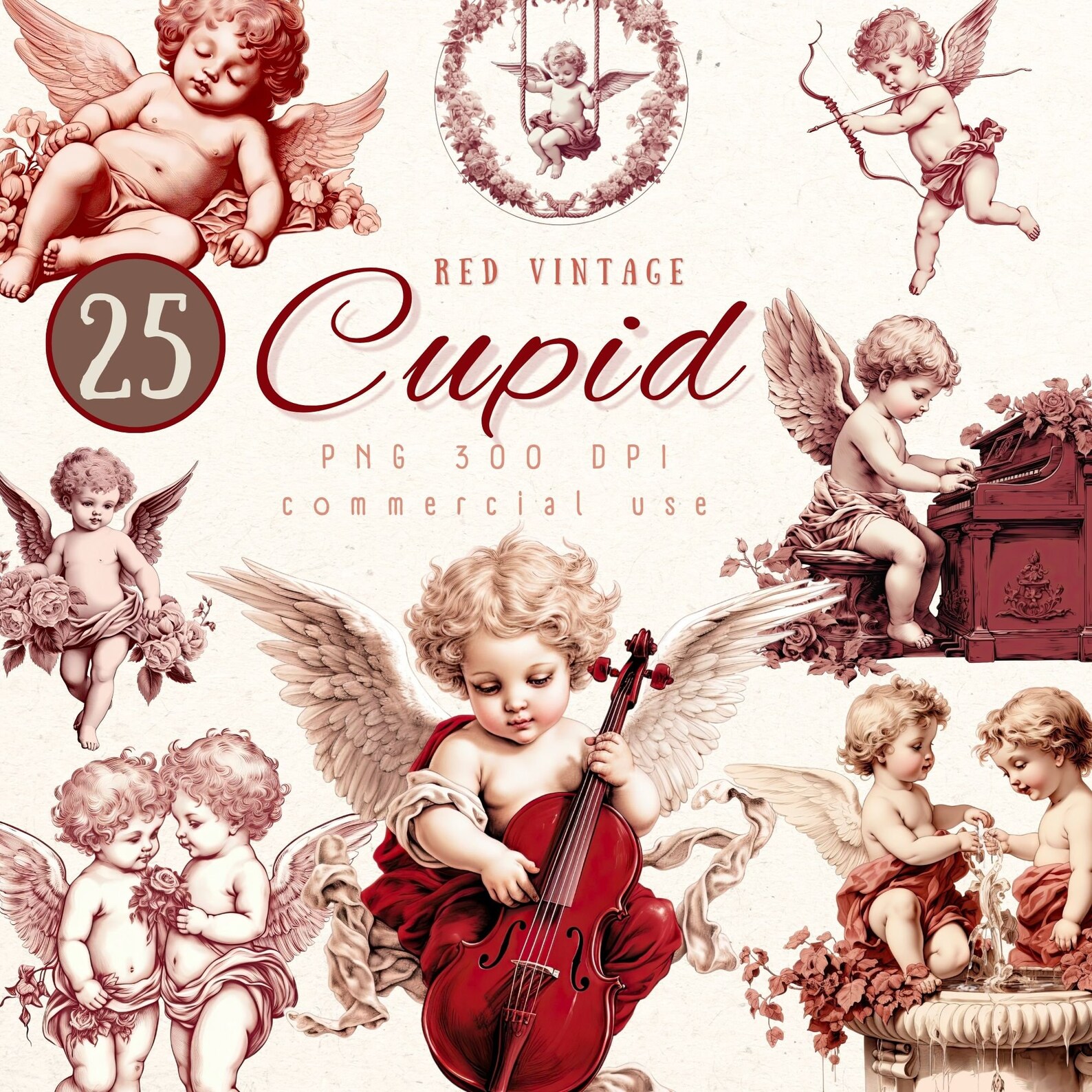 Red Cherub Cupid Clipart: Vintage Angel Illustrations (instant Download ...