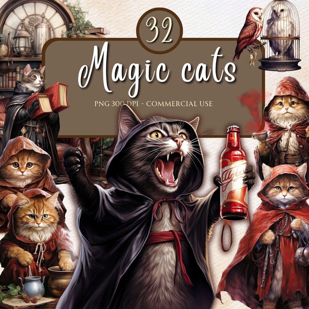 Magic Cats Watercolor Clipart, Wizard Cat PNG, Digital Download - Etsy
