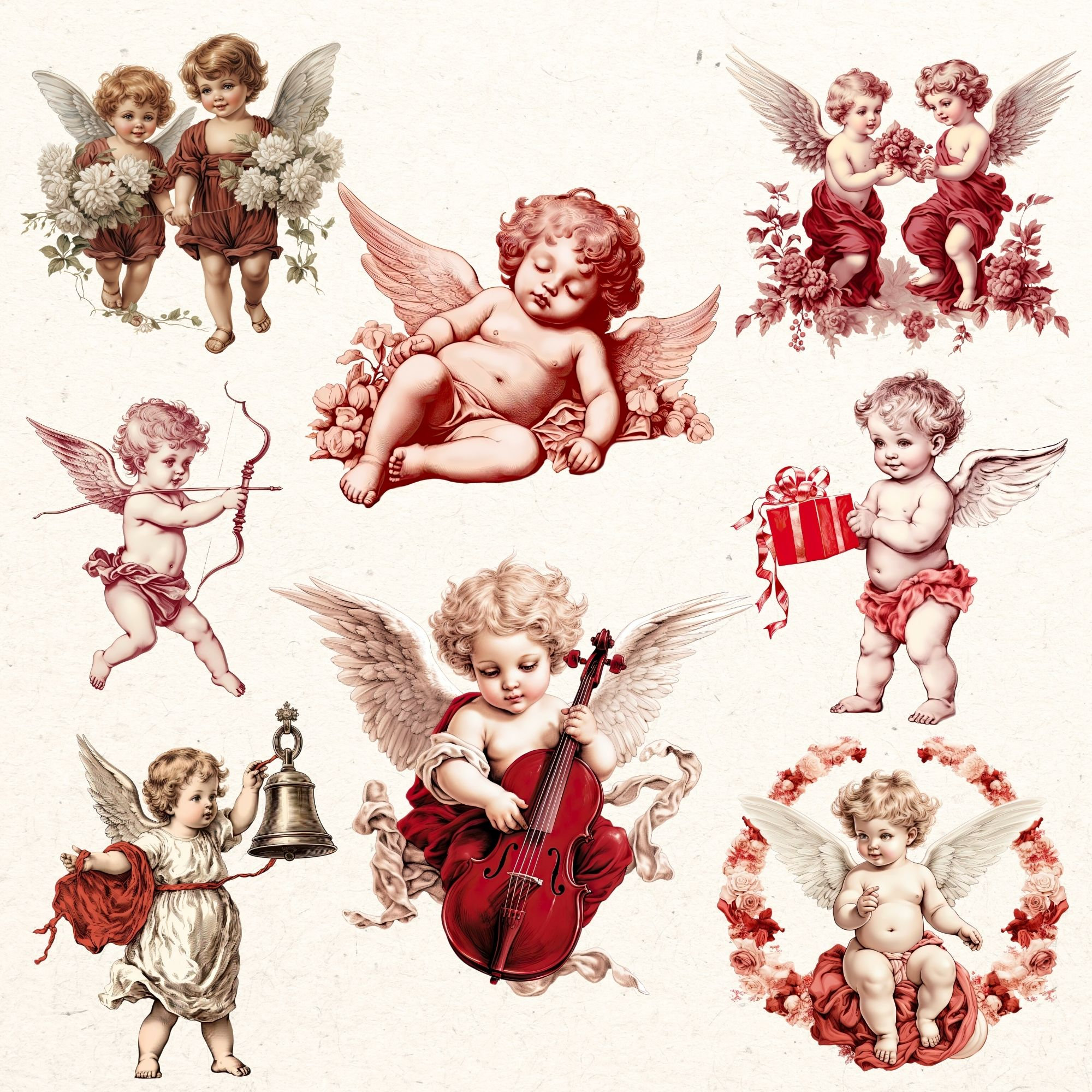 Cute Hand Drawn Red Cherubs Cupids Clipart, Line Art Angel ...