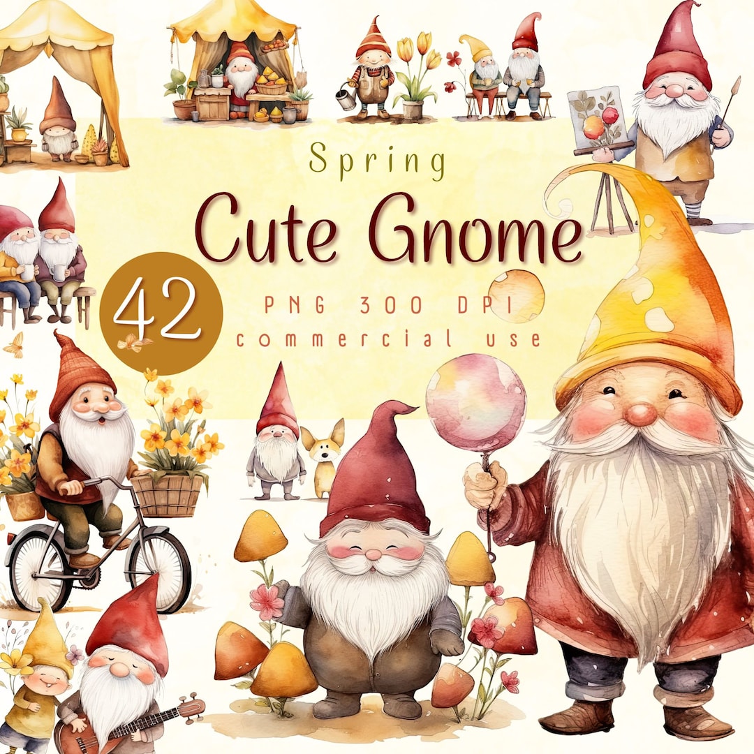 Watercolor Spring Gnome Clipart PNG Sublimation, Yellow Gnome Village ...