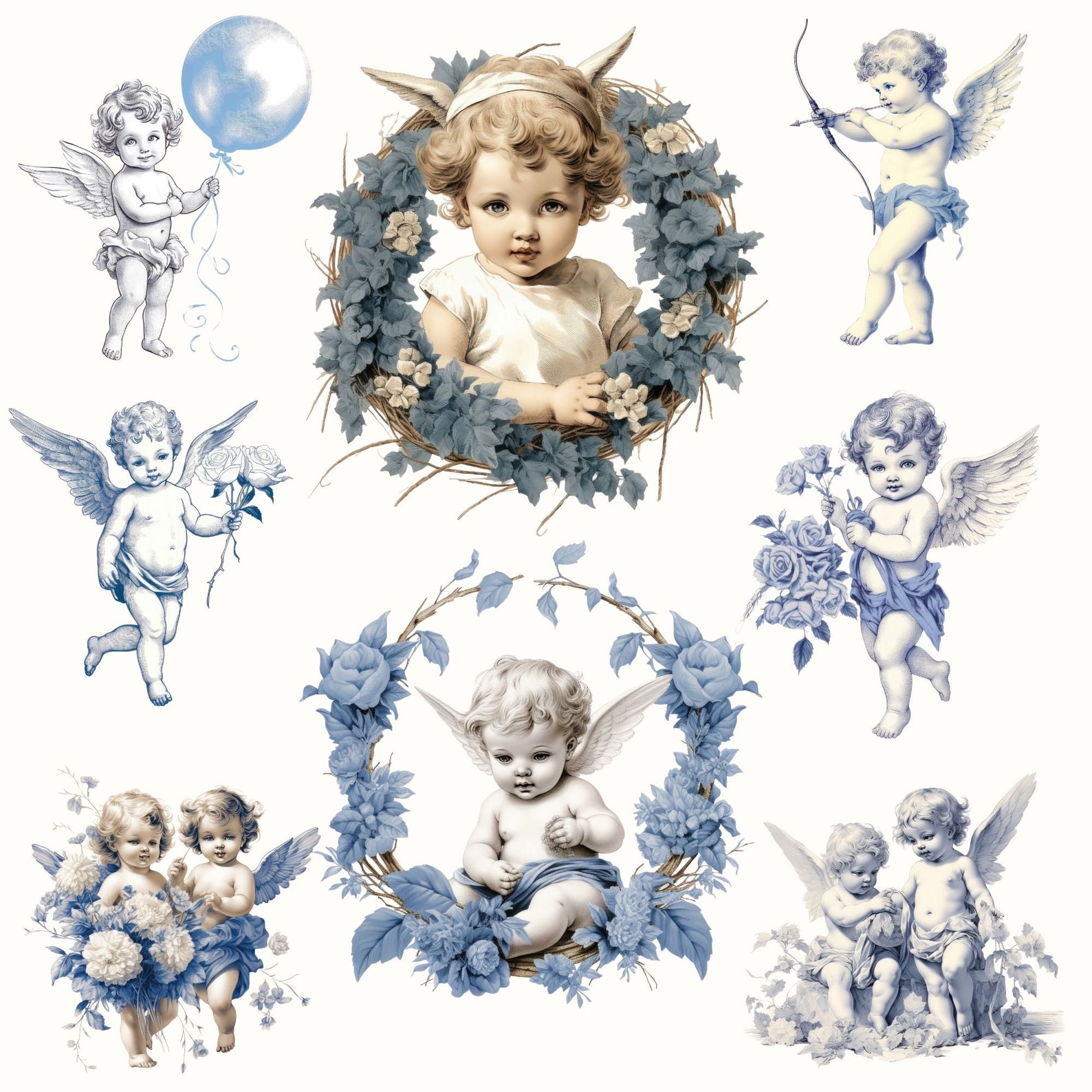 Cute Hand Drawn Blue Cherubs Cupids Clipart, Line Art Angel ...