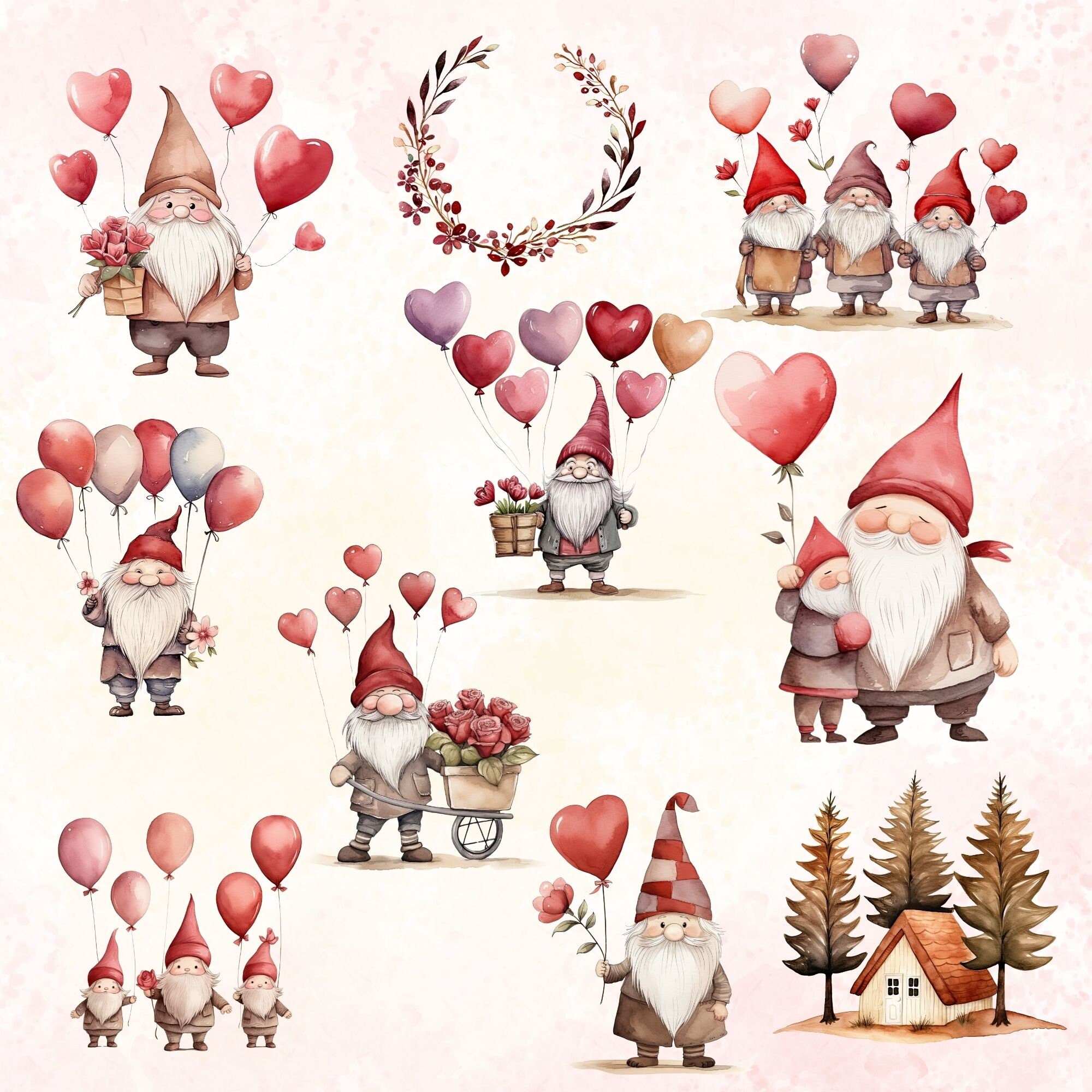 Watercolor Valentine Gnomes Clipart, 40 PNG Gnome Clipart, Valentine ...