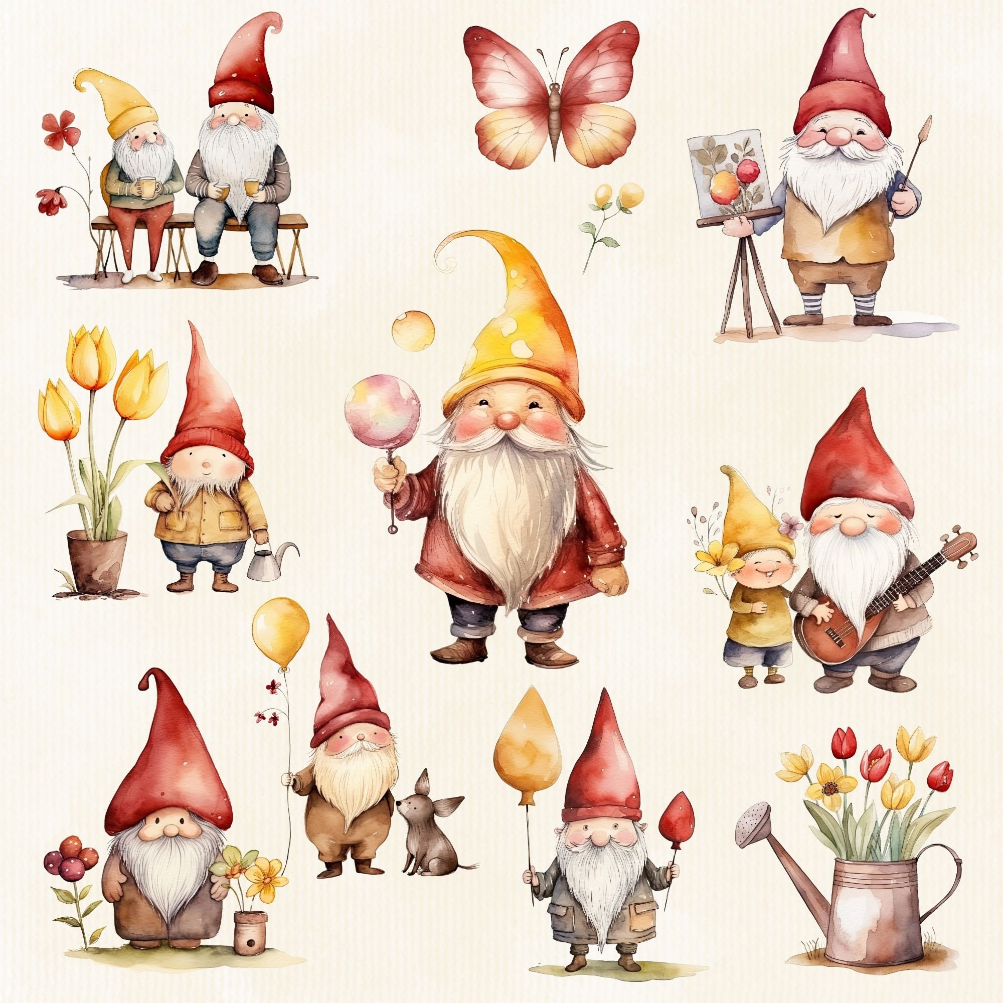 Watercolor Spring Gnome Clipart PNG Sublimation, Yellow Gnome Village ...