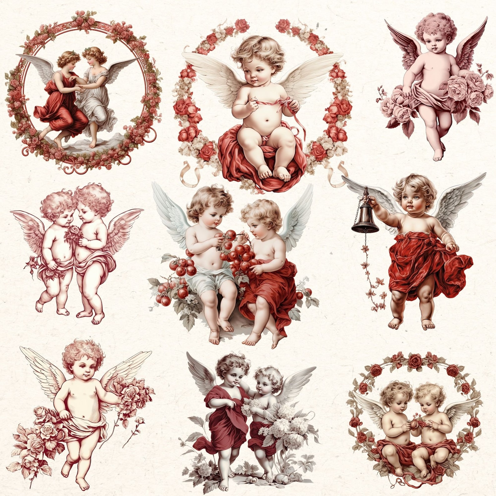 Cute Hand Drawn Red Cherubs Cupids Clipart, Line Art Angel ...