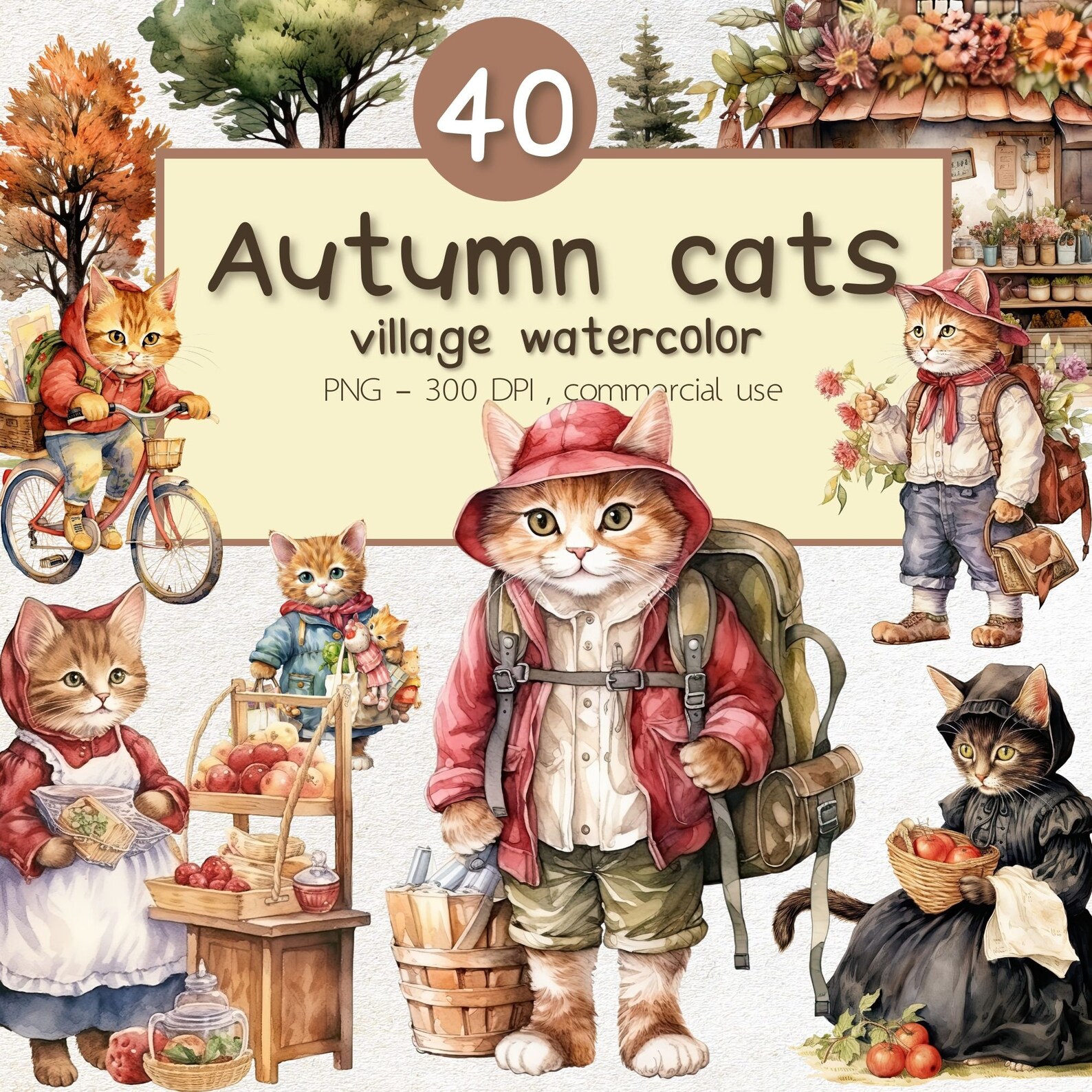 PNG Autumn Cats Village Watercolor Clipart Bundle, Cats Illustration ...