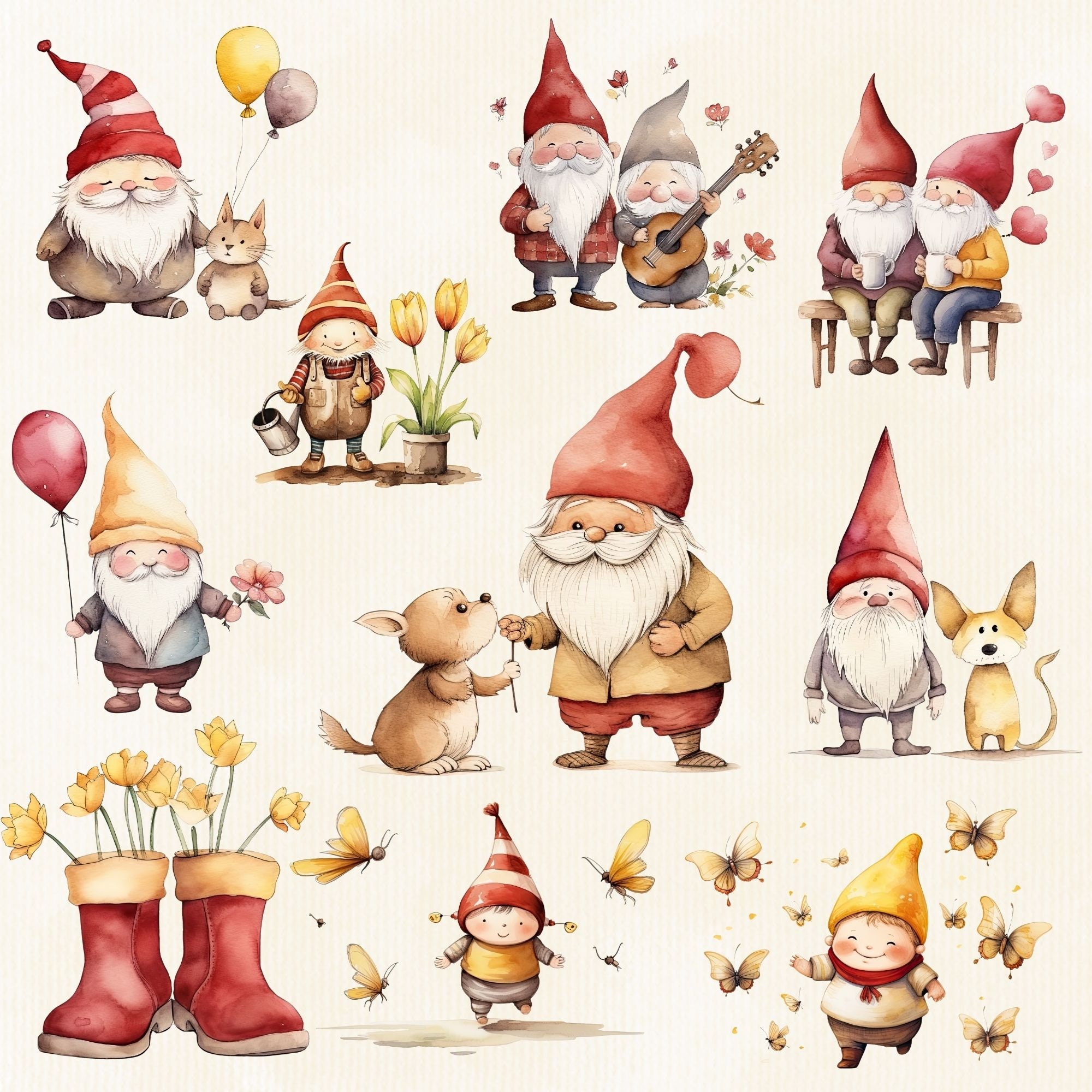 Watercolor Spring Gnome Clipart PNG Sublimation, Yellow Gnome Village ...