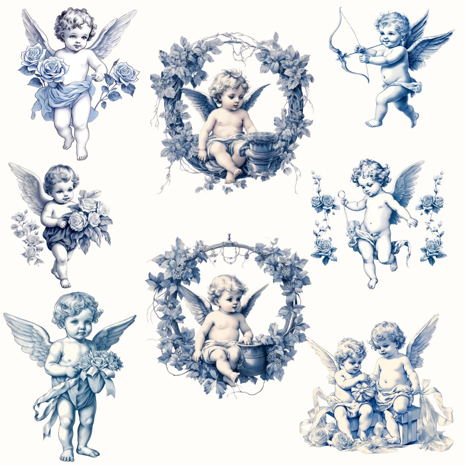Cute Hand Drawn Blue Cherubs Cupids Clipart, Line Art Angel ...