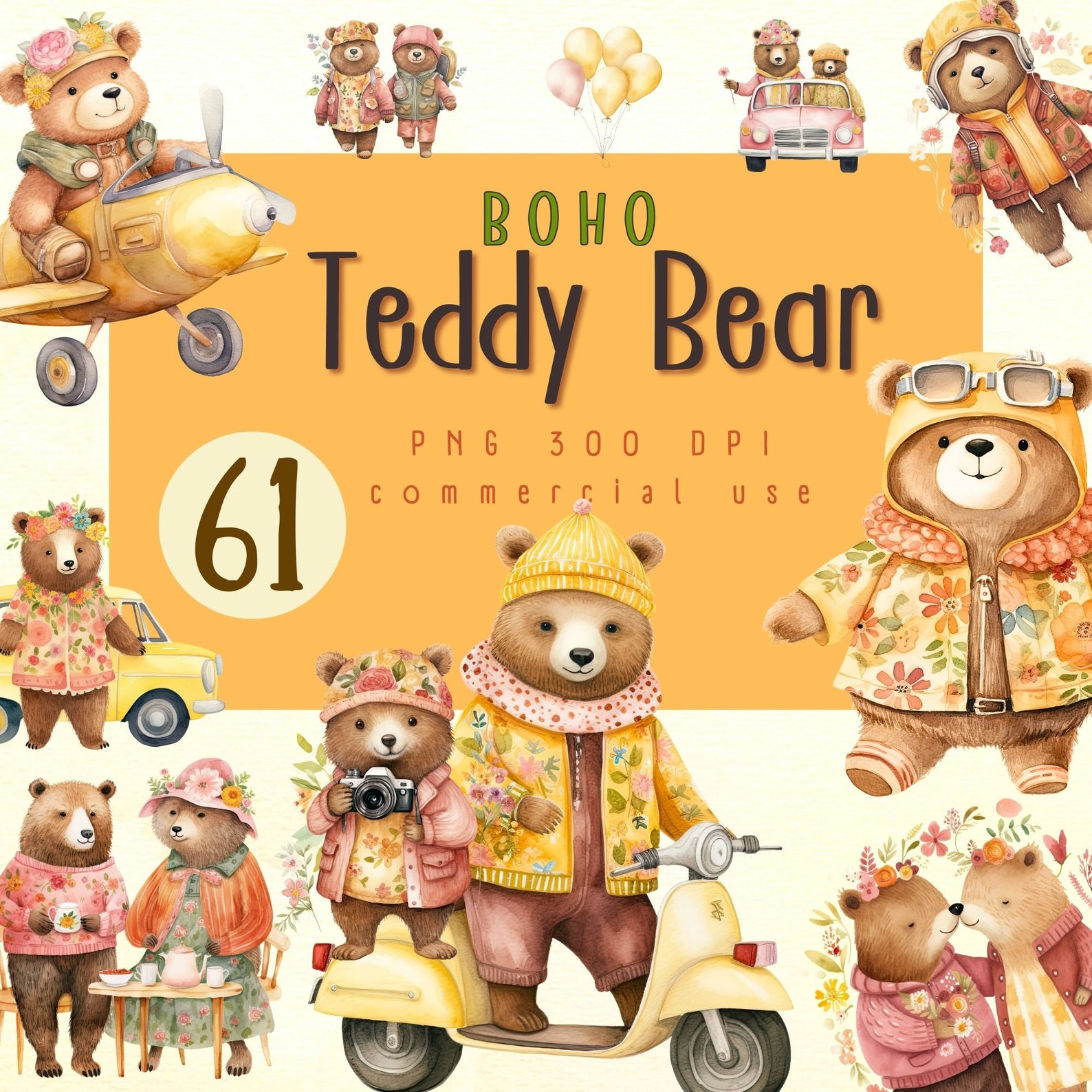 Watercolor Boho Teddy Bear Clipart, Hippie Teddy Bear PNG, Floral Cute ...