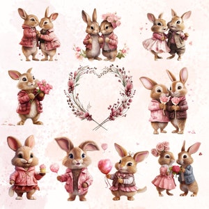 Love Bunny Valentine Watercolor Clipart, 50 PNG High Quality, Valentine ...