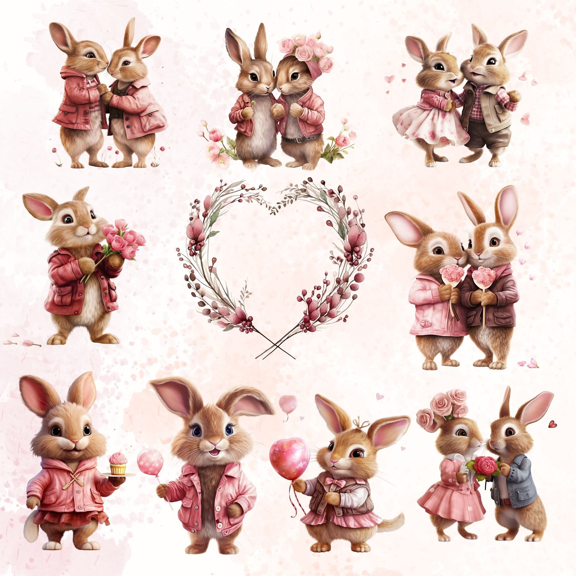 Love Bunny Valentine Watercolor Clipart, 50 PNG High Quality, Valentine ...
