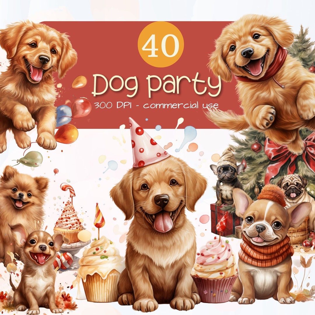 Watercolor Cute Dogs in Party Clipart PNG, Dog Birthday Party, Cute ...