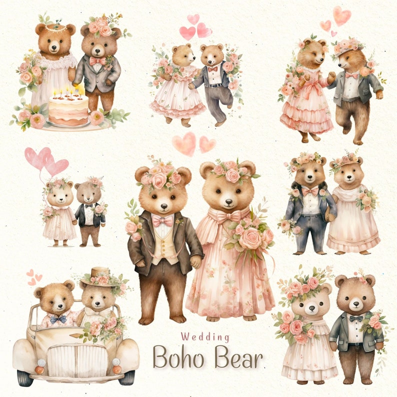 Watercolor Teddy Bear Wedding Clipart PNG, Romantic Boho Bear Couple ...
