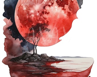 Japanese Descent Red Moon Digital and Printable, Ambient Red Moon ...