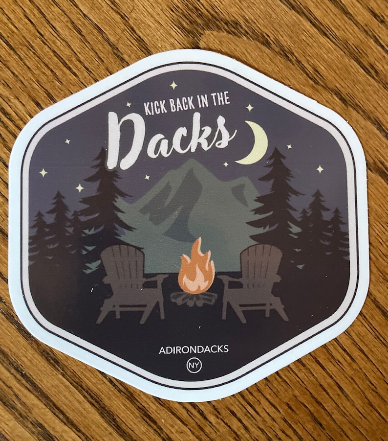 Adirondack Sticker – Campfire Night Scene, ADK Chairs, Mountains ...
