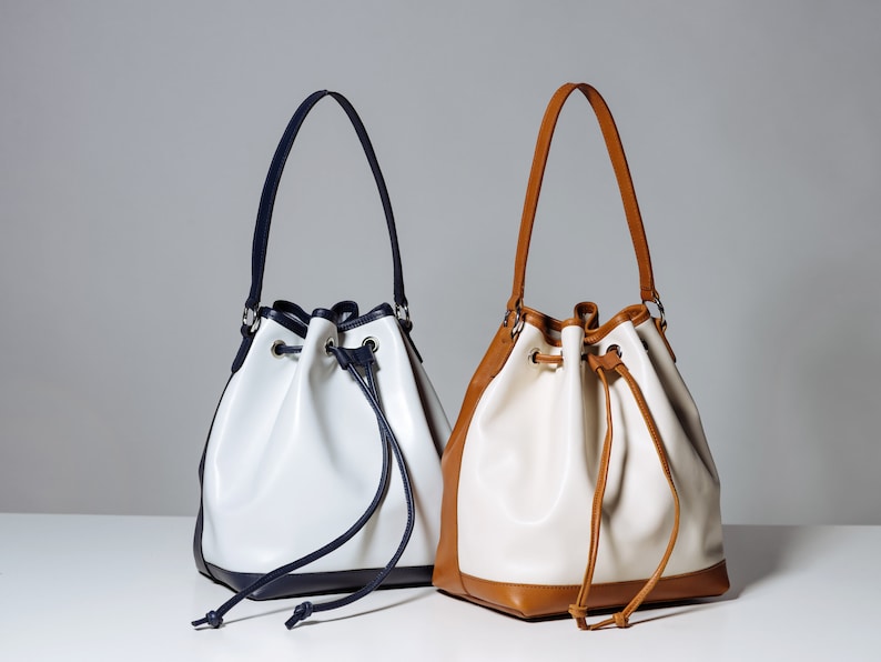 Bucket Bag, White Leather Bucket Bag, Drawstring Bag , Shoulder Bag ...