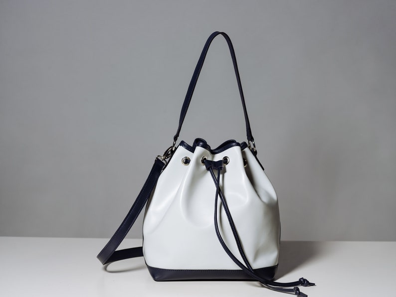 Bucket Bag, White Leather Bucket Bag, Drawstring Bag , Shoulder Bag ...