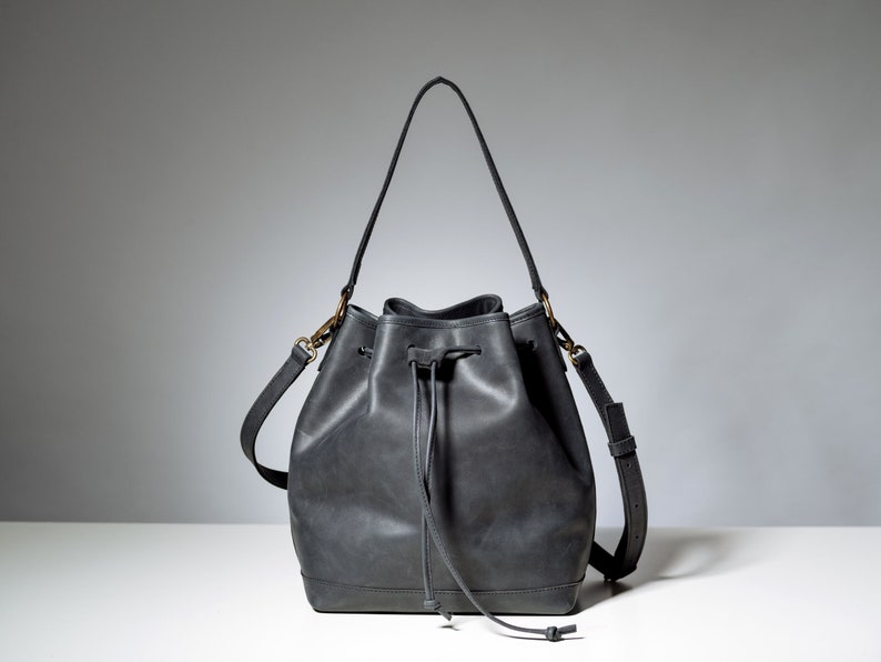 Black Bucket Bag in Leather, Drawstring Bucket Bag in Black Leather ...