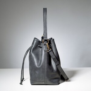 Black Bucket Bag in Leather, Drawstring Bucket Bag in Black Leather ...