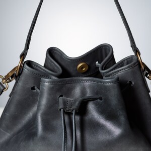 Black Bucket Bag in Leather, Drawstring Bucket Bag in Black Leather ...