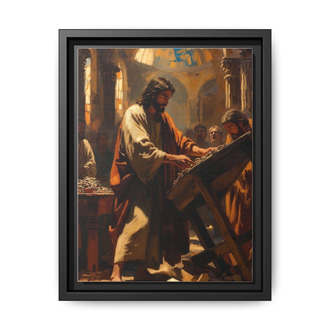 Jesus Turning Tables Over in Temple Canvas Framed Art | Religious ...