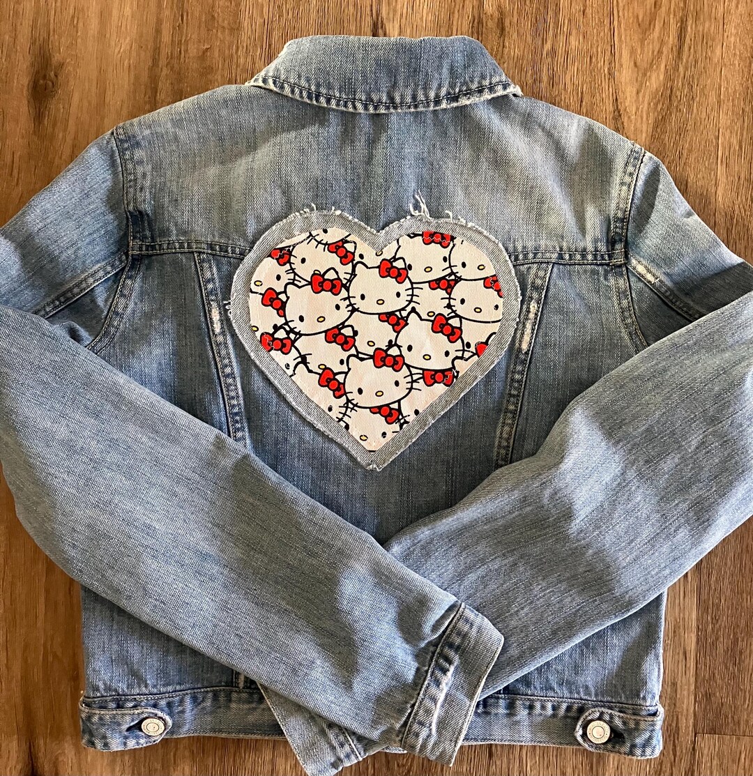 HELLO KITTY Upcycled Denim Jean Jacket With Frayed Poly Panel With HK ...