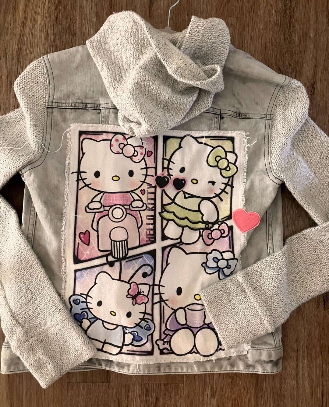 UPCYCLED Denim Jean Jacket W/ Hello Kitty Theme. Frayed, Faded and ...