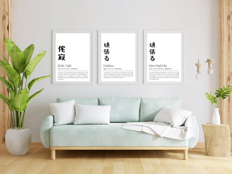 Japanese Kanji Wallart Trio | Kanji Art | Ganbaru, Wabi Sabi, Hara ...