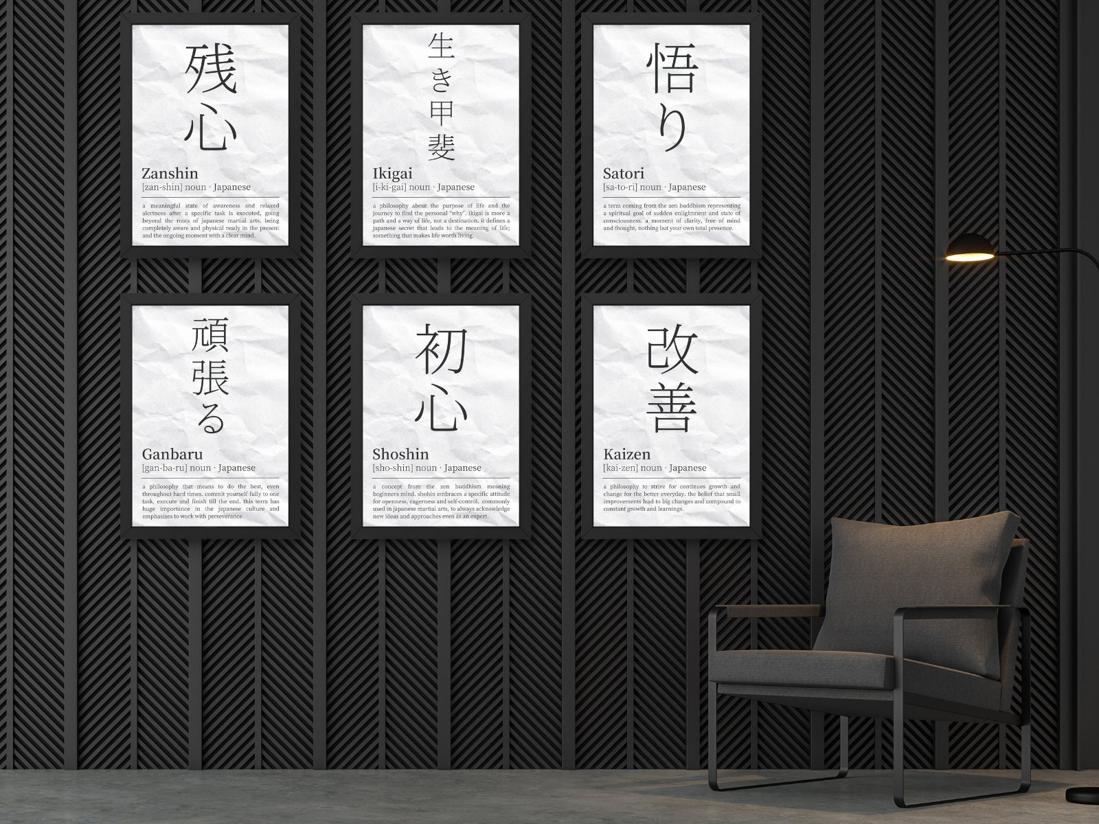 Japanese Wallart 6 Posters | Kanji Art | Ikigai, Kaizen, Zanshin ...