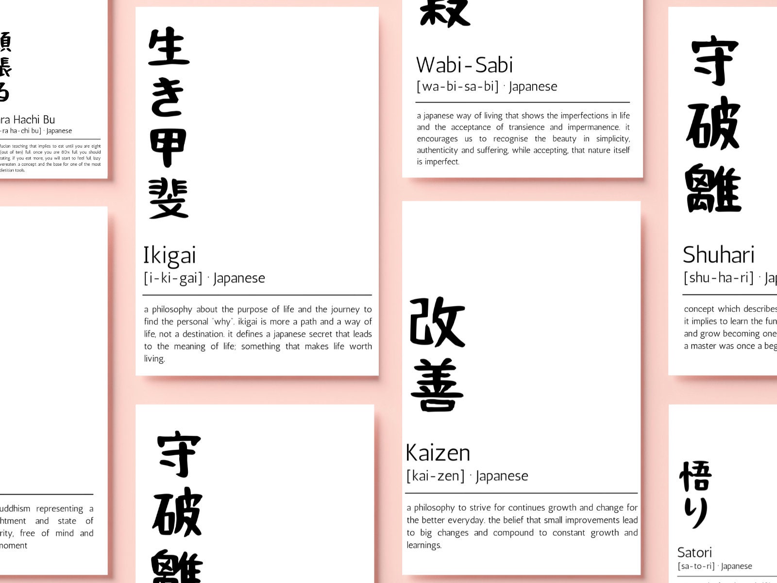 6 Japanese Kanji Wallart | Ikigai, Kaizen, Wabi-sabi, Hara Hachi Bu ...