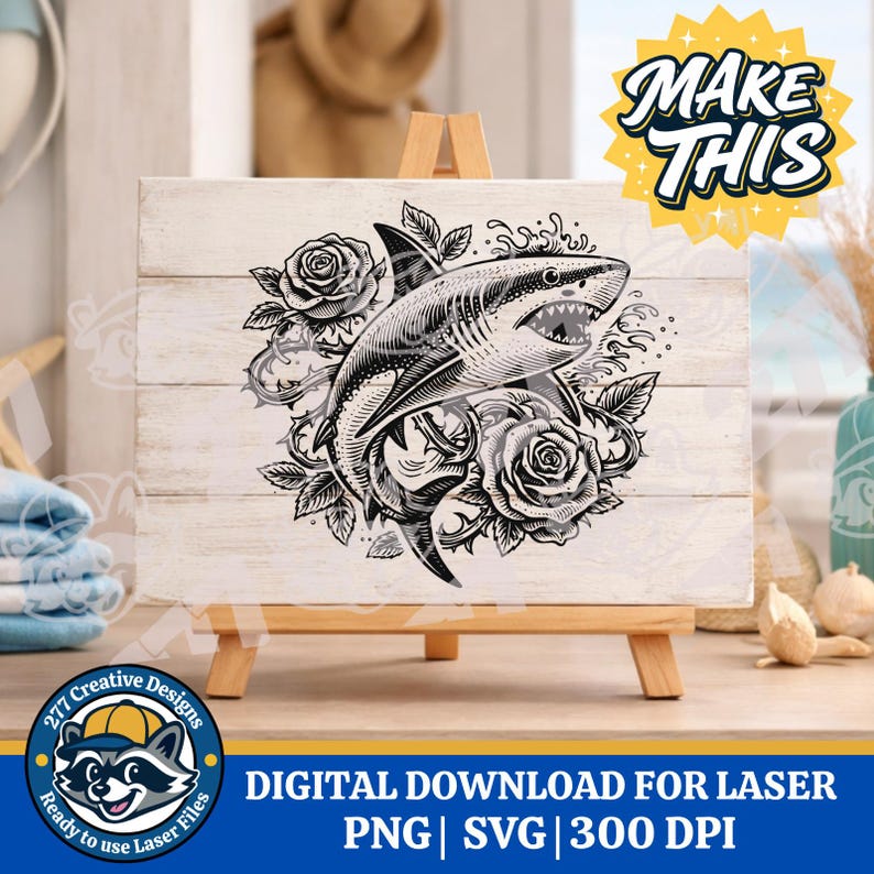 Great White Shark and Roses Themed PNG SVG Laser Cut File, Sublimation ...