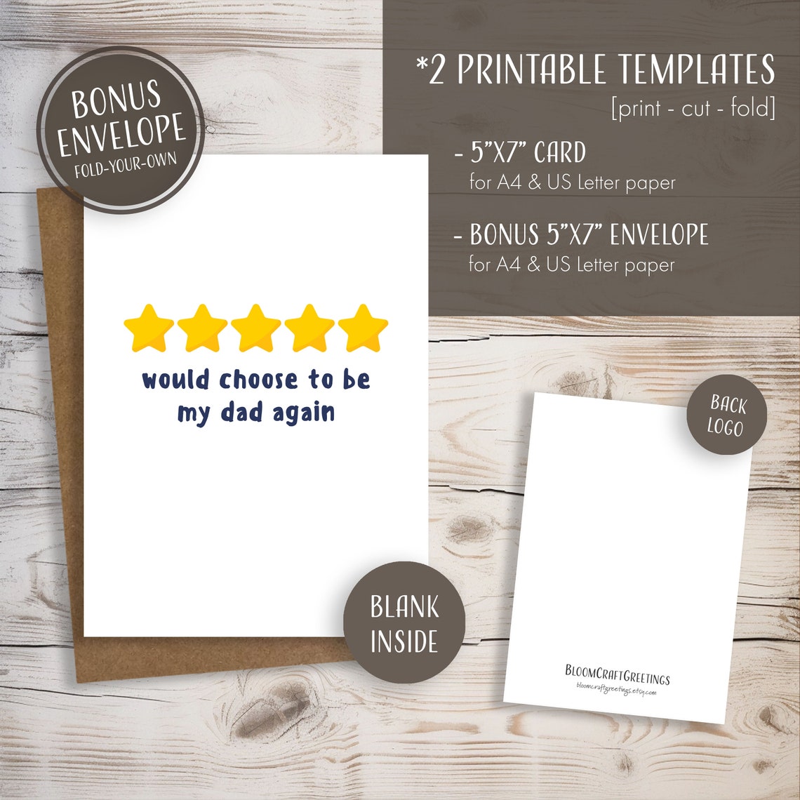 Dad Greeting Card W/ Envelope, Printable Template, Instant Download ...