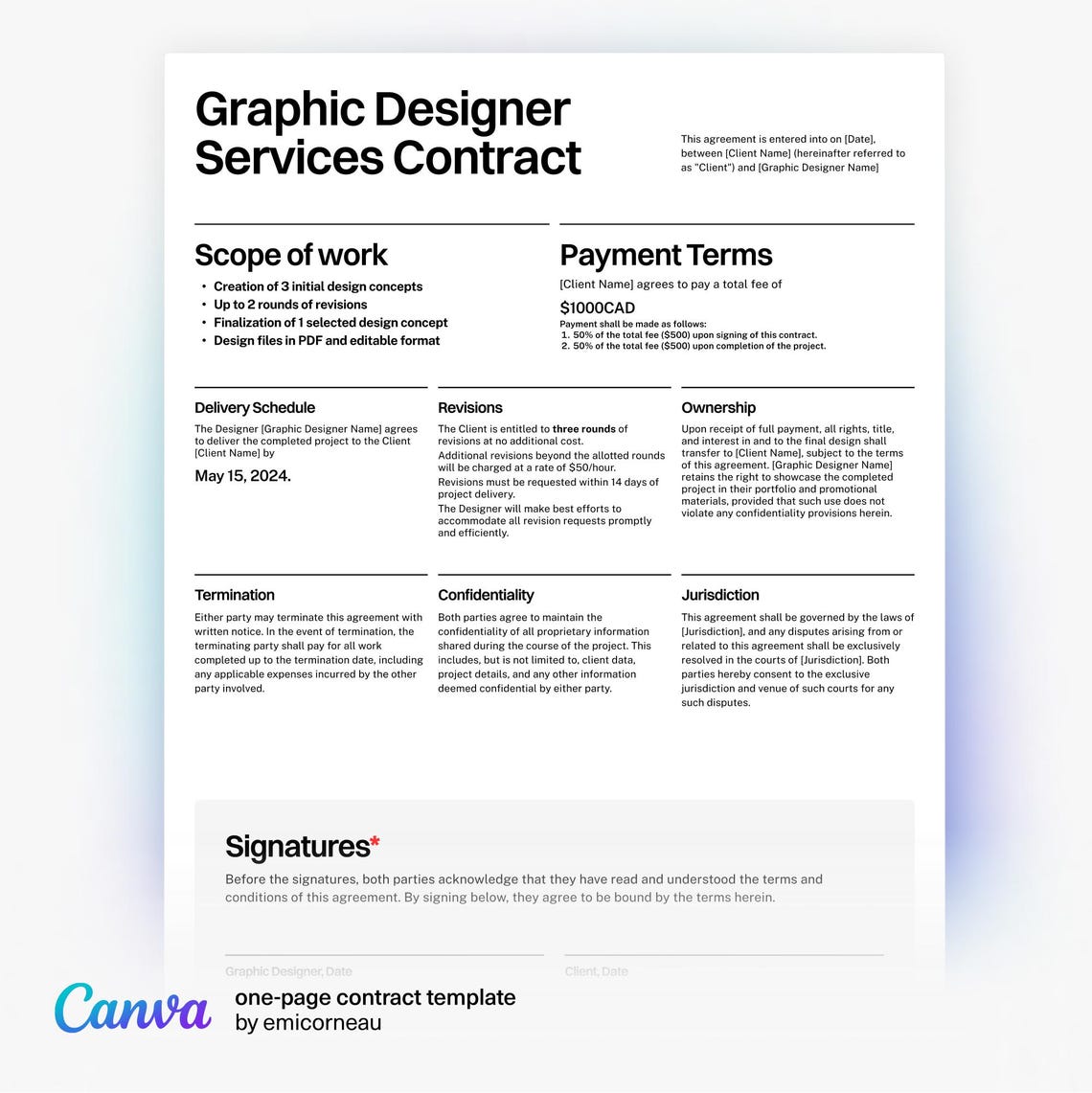 One-page Contract Canva Template for Graphic Designers | Creative Small ...