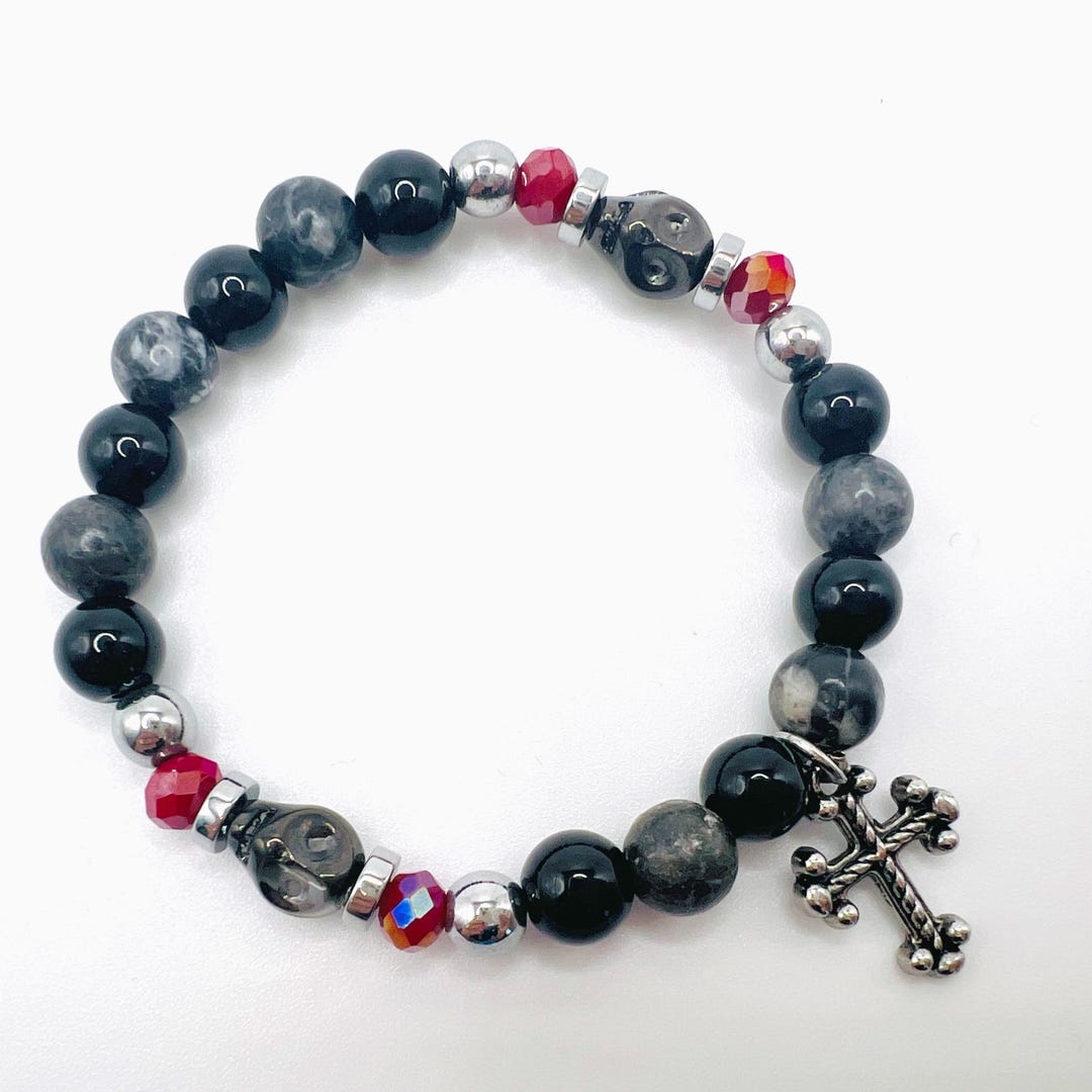 Goth Skull Red Cross Stretch Bead Bracelet Semiprecious Gemstone ...