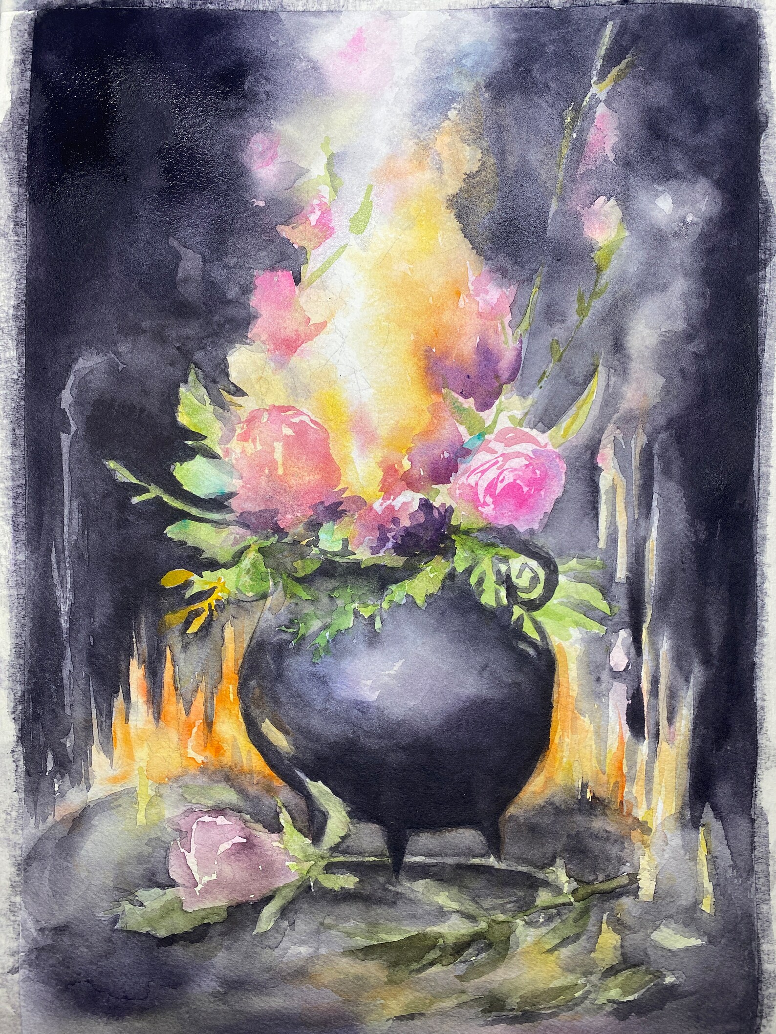 Original Watercolor Painting - Cauldron of Roses and Flames by Amy ...