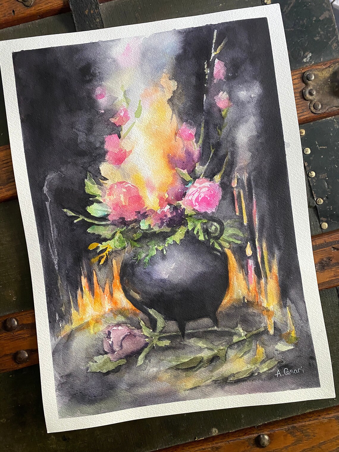 Original Watercolor Painting - Cauldron of Roses and Flames by Amy ...