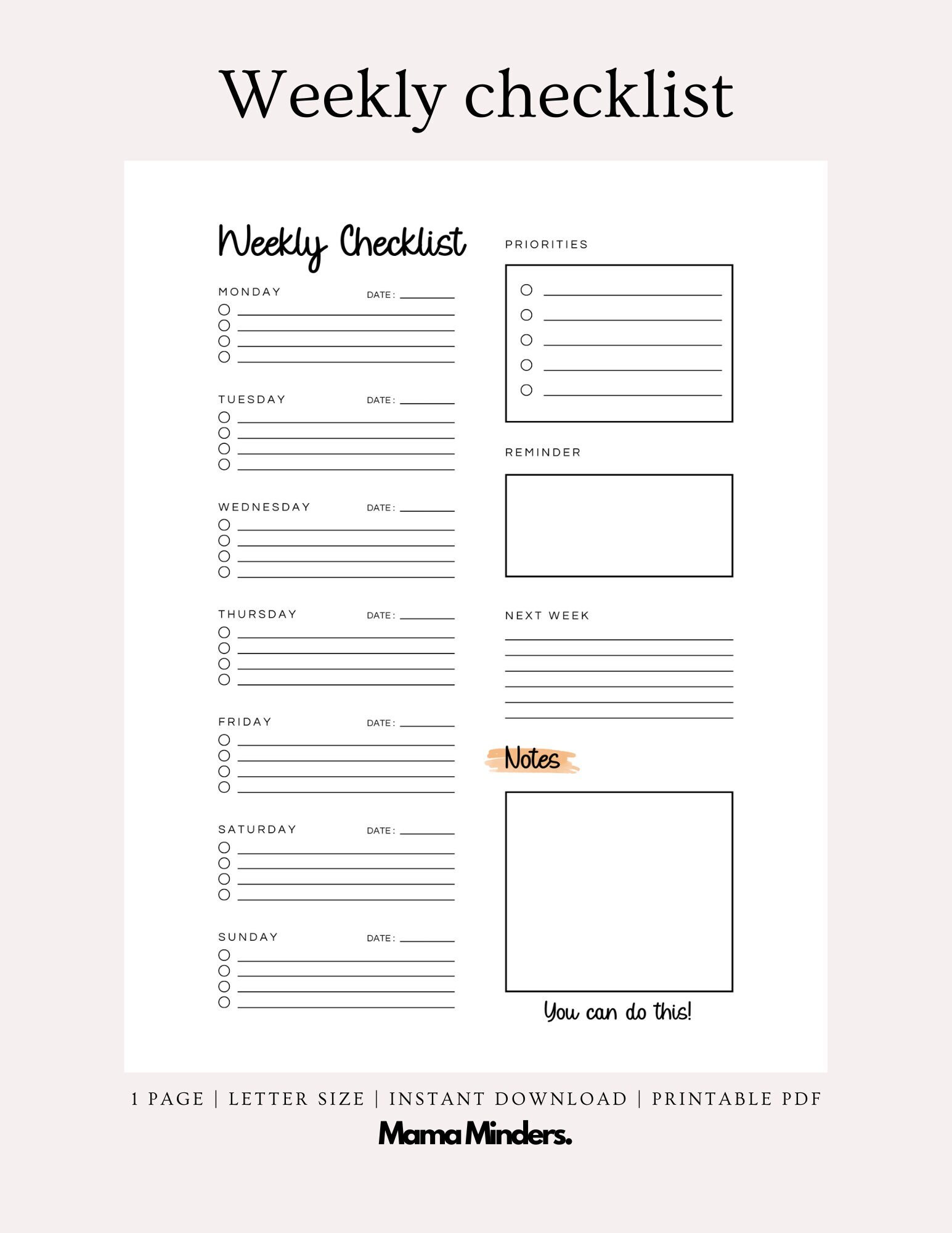Weekly Checklist Printable to Do List Checklist Template Weekly ...