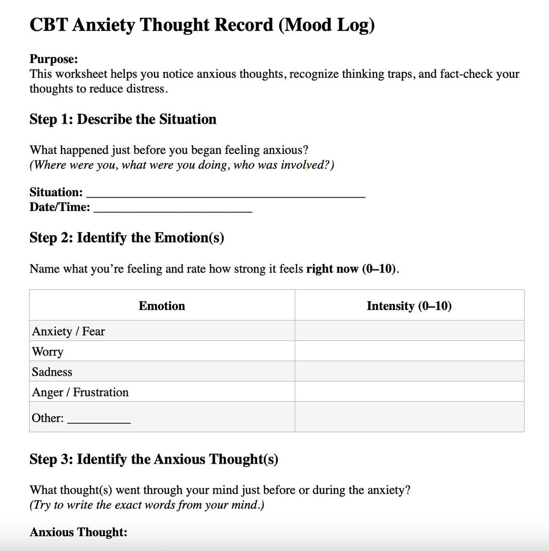 CBT Thought Log for Managing Anxiety - Etsy
