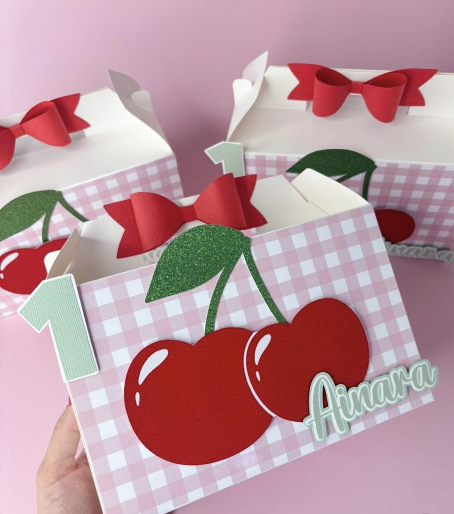 Personalized Cherry Favor Box - Gingham Birthday Treat Box - Set of 10 ...