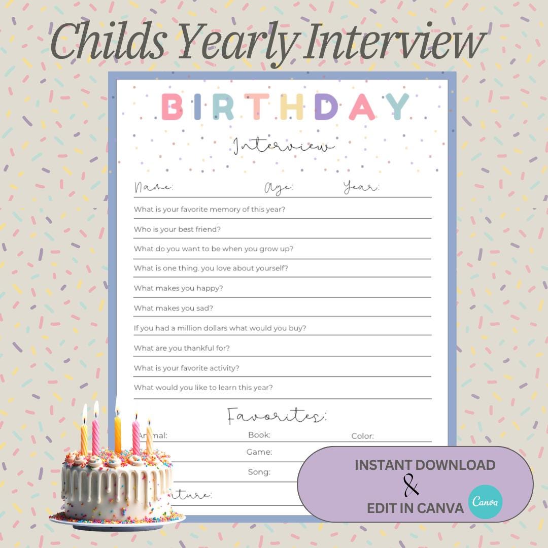 Keepsake Birthday Interview Yearly Questionnaire Downloadable Printable ...