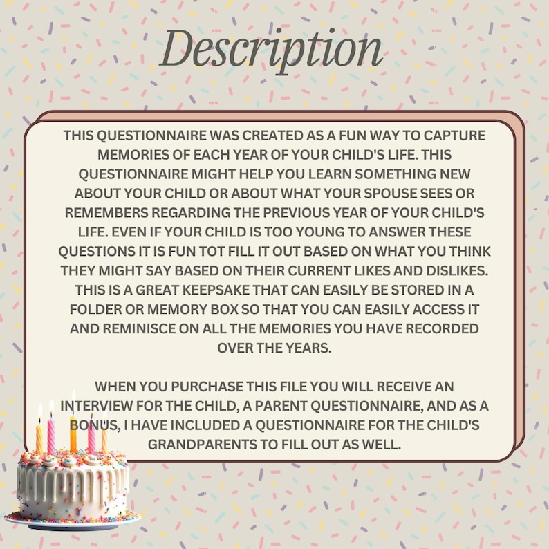 Keepsake Birthday Interview Yearly Questionnaire Downloadable Printable ...