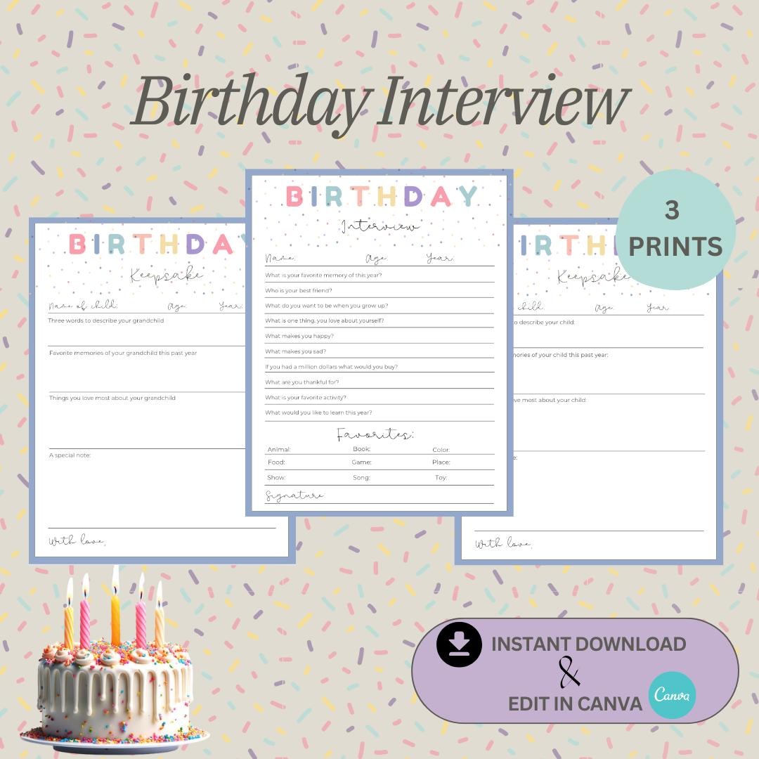 Keepsake Birthday Interview Yearly Questionnaire Downloadable Printable ...